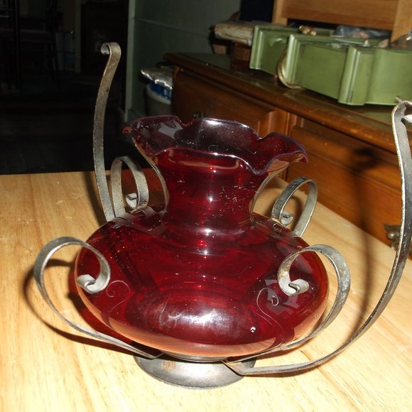 None | Accents | Vintage Ruby Red Glass Metal Flower Holder | Poshmark